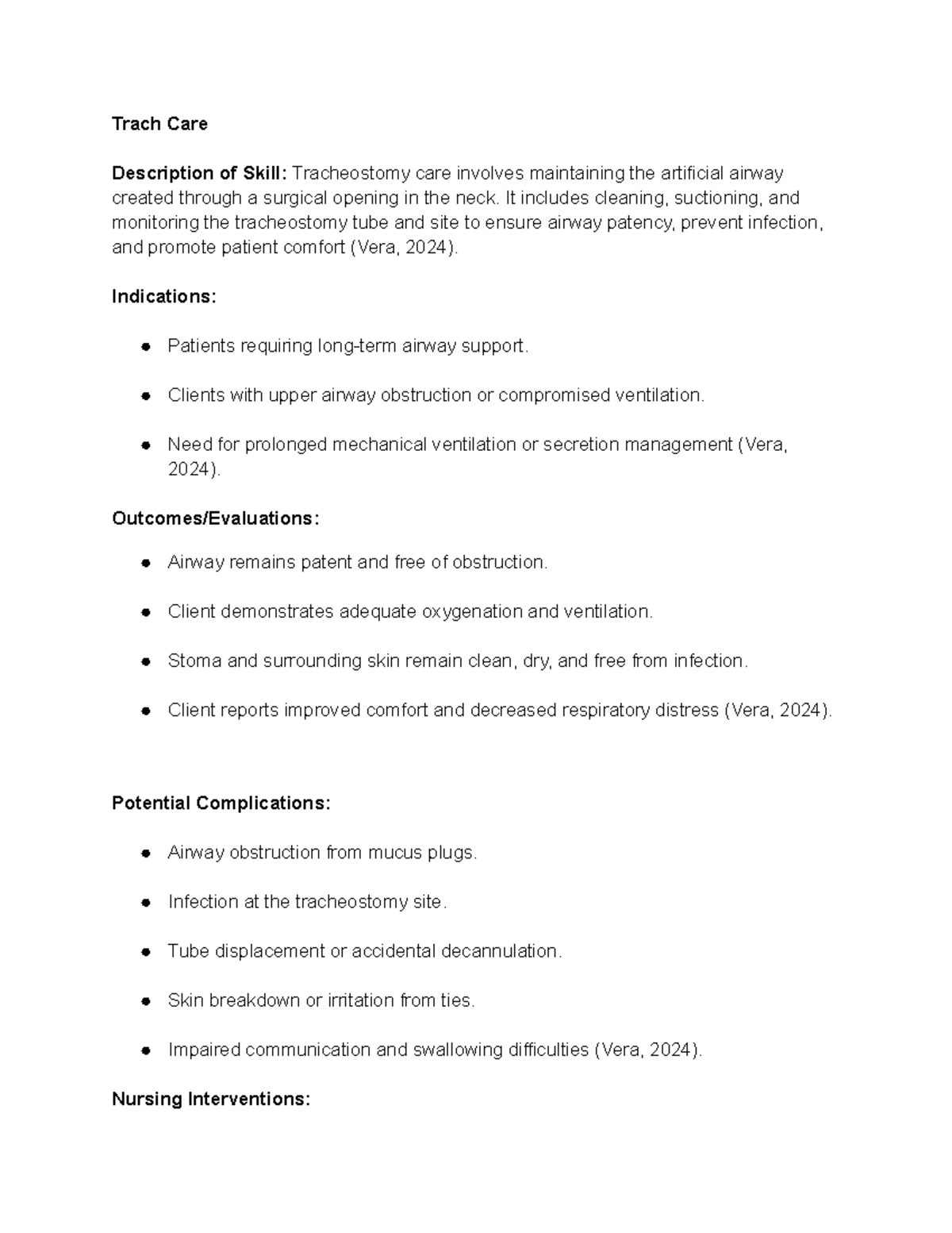 ALT Trach Care - Tracheostomy Skill Description and Interventions - Studocu