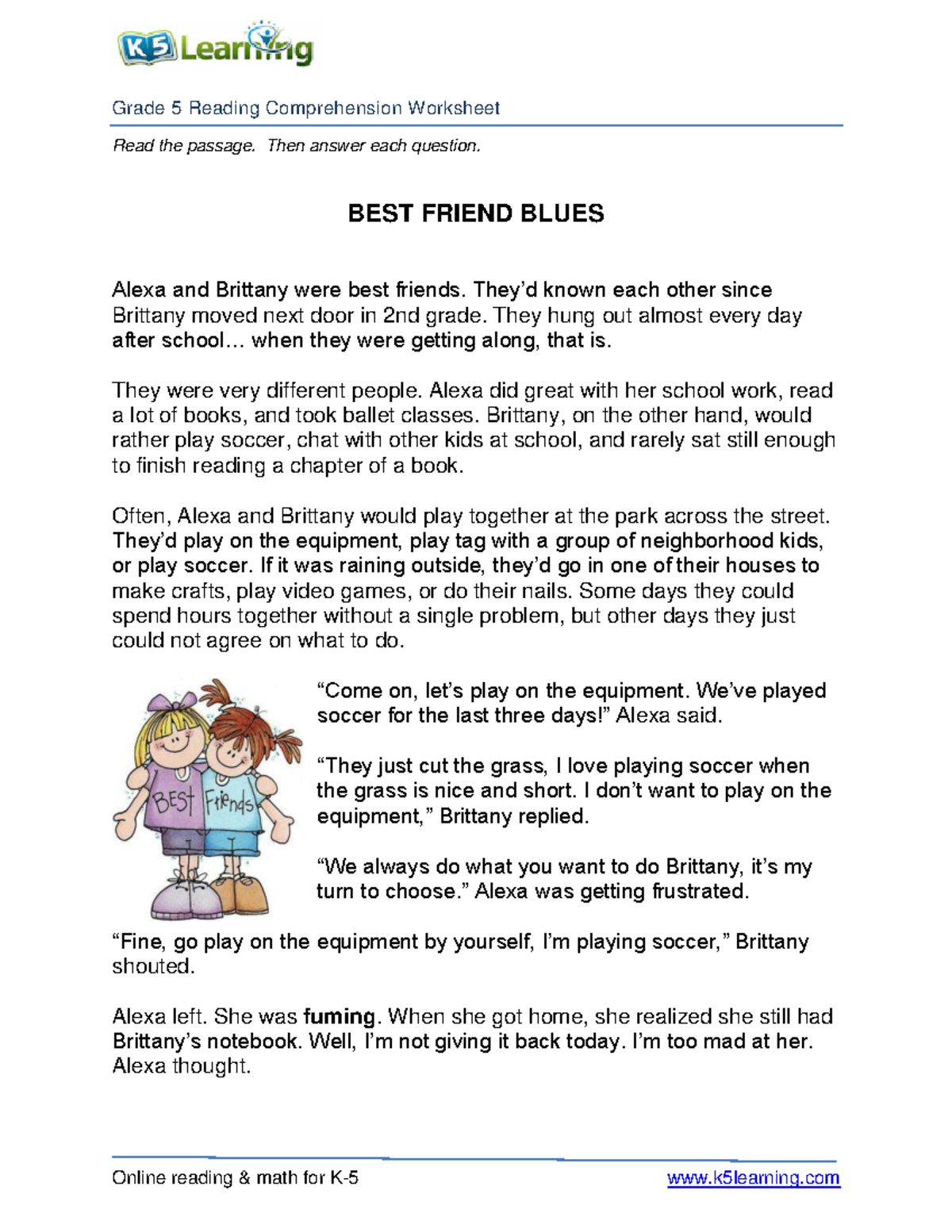 5th grade 5 best friend blues - Online reading & math for K-5 ...