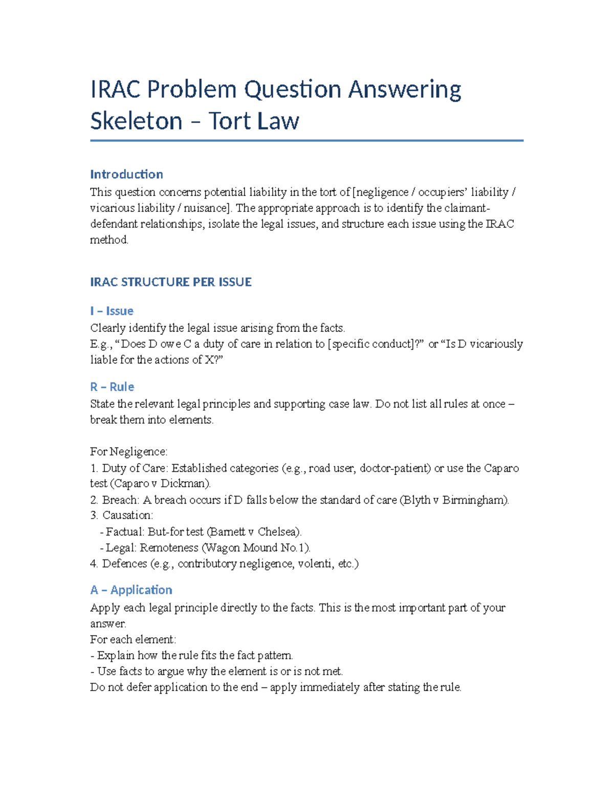 IRAC Tort Law Answer Skeleton: Vicarious Liability Analysis - Studocu