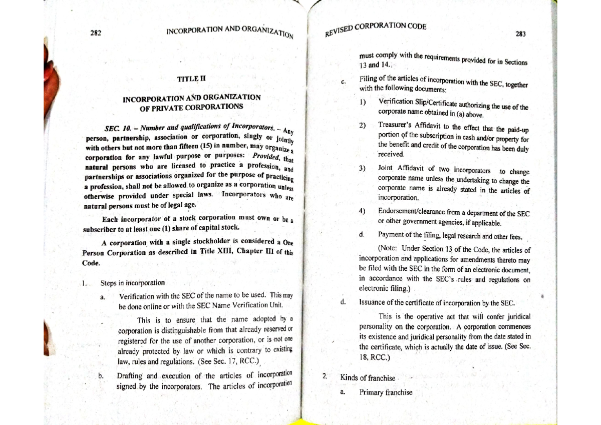 282 INCORPORATION AND ORGANIZATION: REVISED CORPORATION CODE OVERVIEW - Studocu