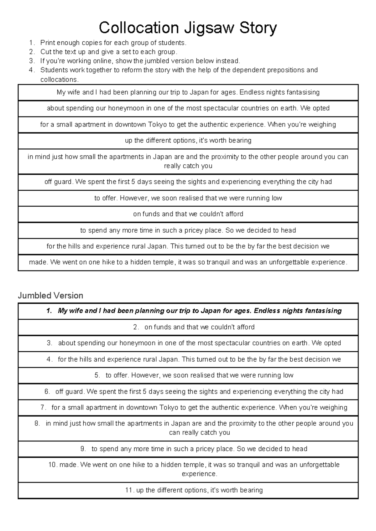 Collocation Jigsaw Activity: Reforming a Honeymoon Story - Studocu