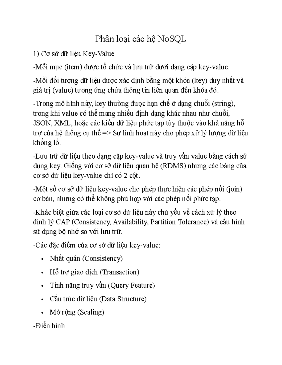 Phân loại các hệ cơ sở dữ liệu NoSQL - Tài liệu học 2023 - Studocu