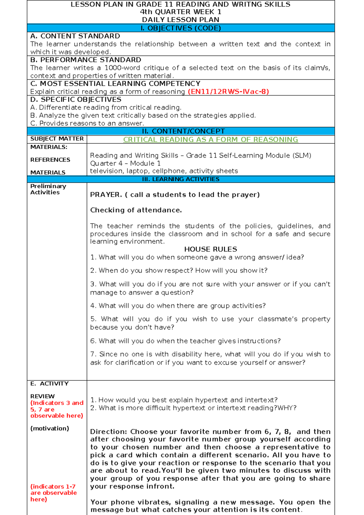 672617171 - Lesson Plan: Grade 11 RWS Q4 Week 1 - Critical Reading ...