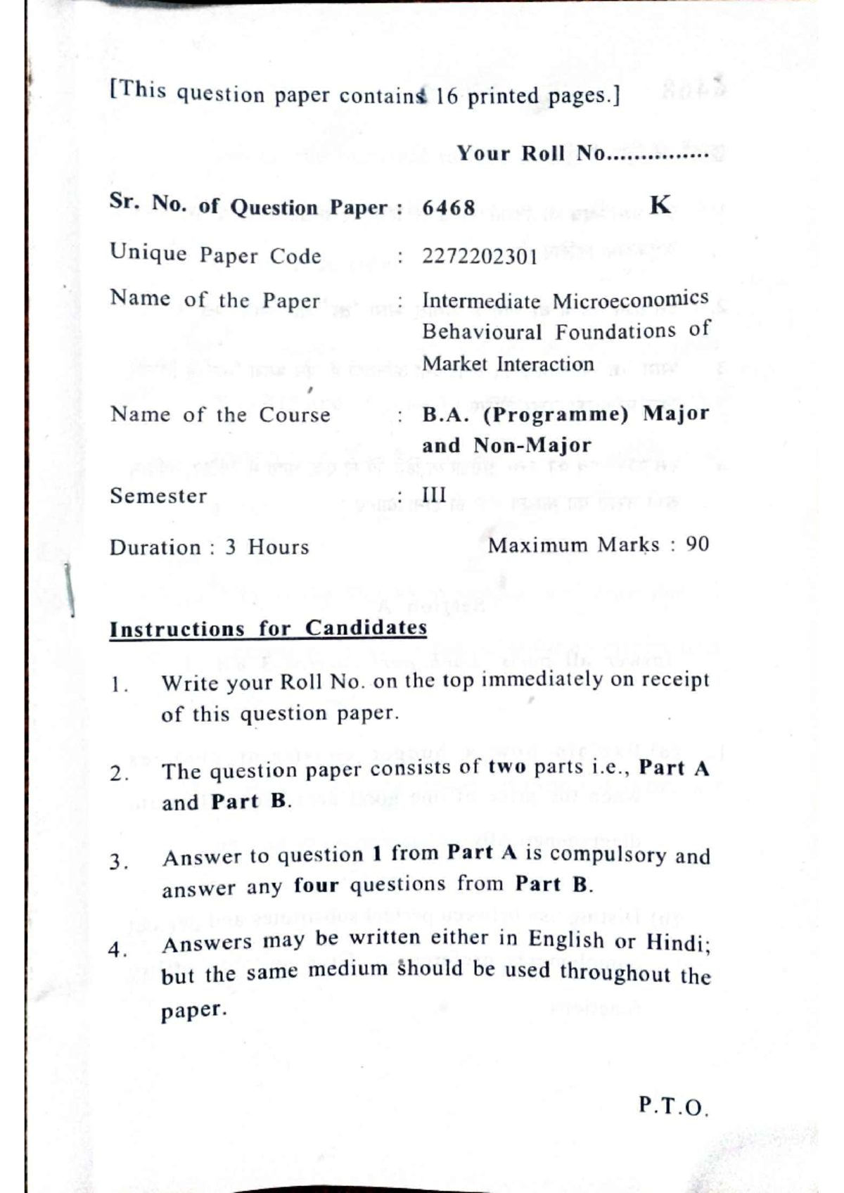 Intermediate Microeconomics Question Paper - B.A. (Prog) 6468 - Studocu