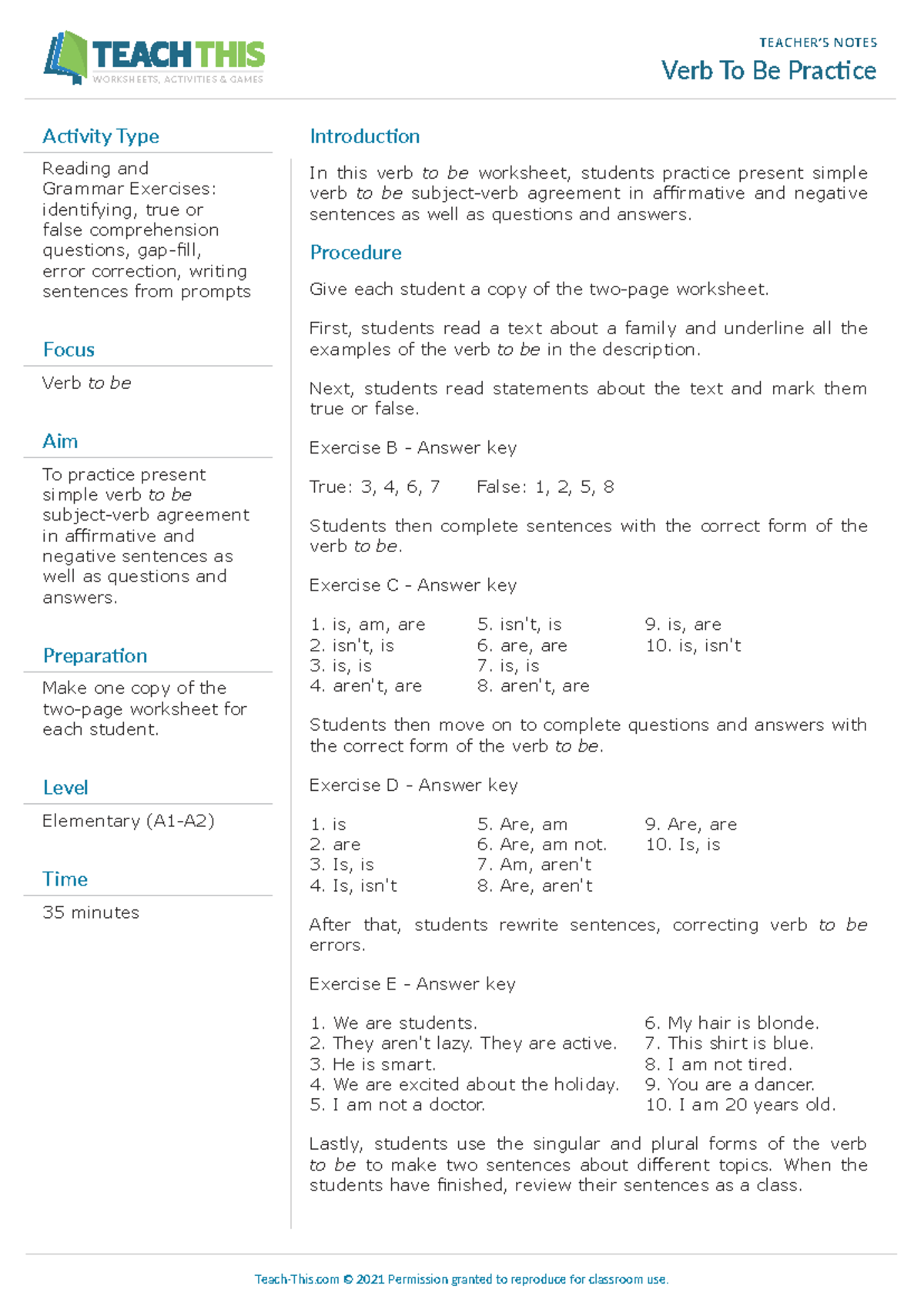 Verb to Be Practice Worksheets (Elementary Level) - Studocu