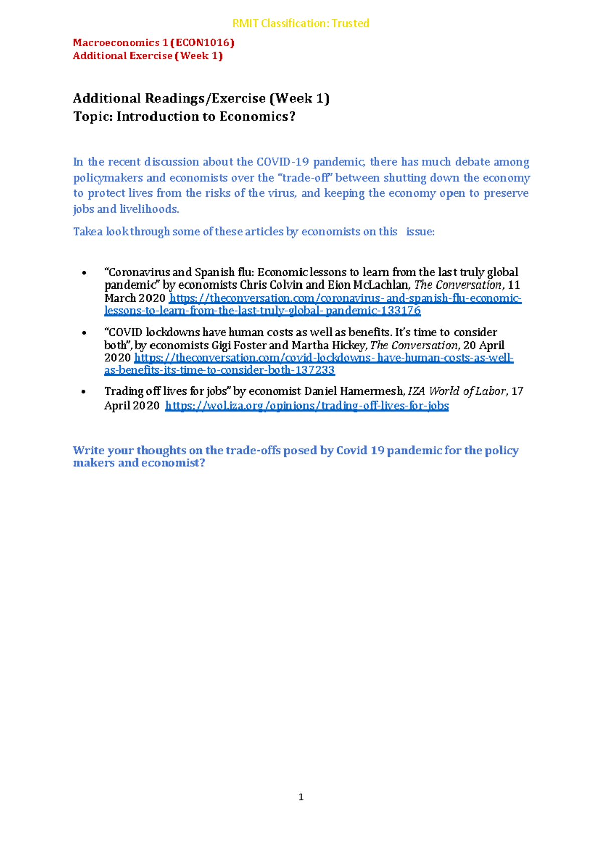 Macro 1 (ECON1016) Additional Excercise - Macroeconomics 1 (ECON1016 ...