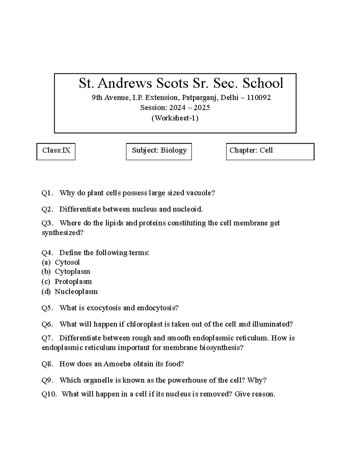 Class 9 Biology Chapter 5 (Cell) Worksheet - Important Questions - Studocu