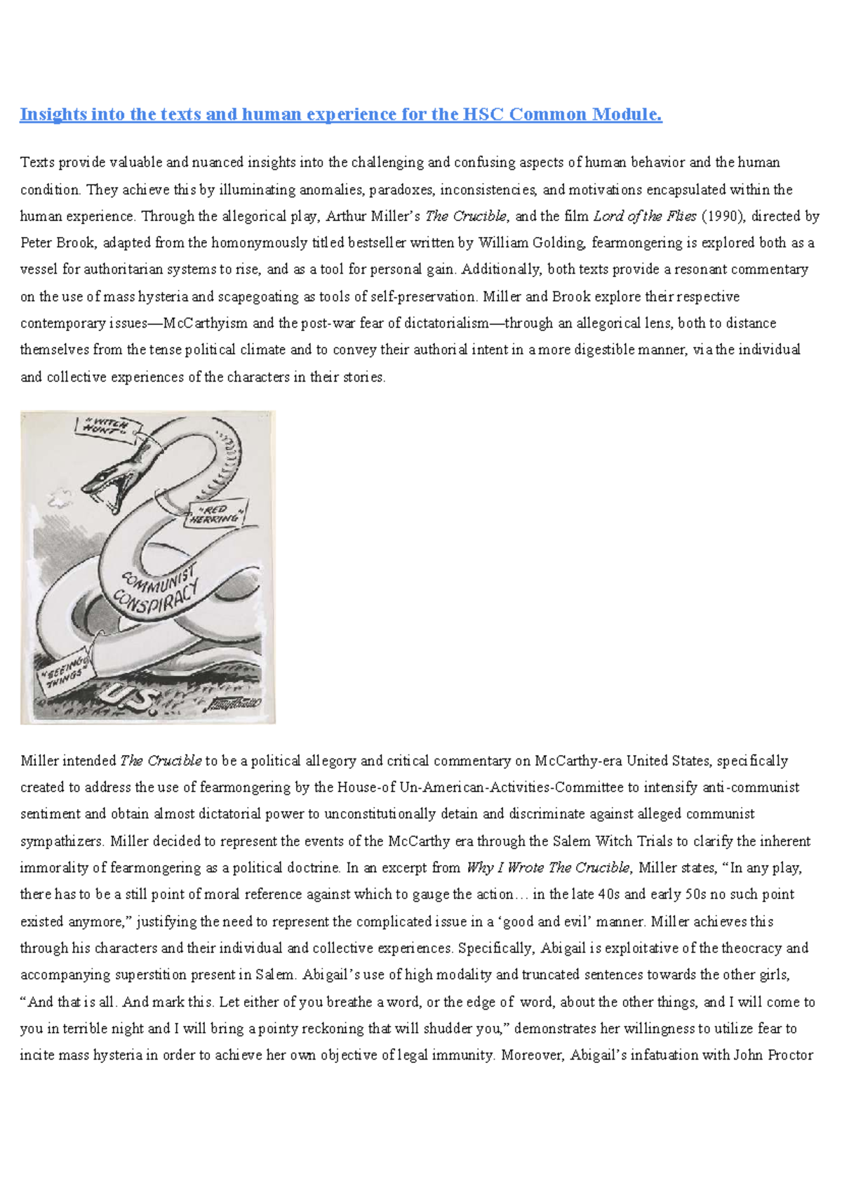 HSC Common Module: Insights on Fearmongering in The Crucible & Lord of ...