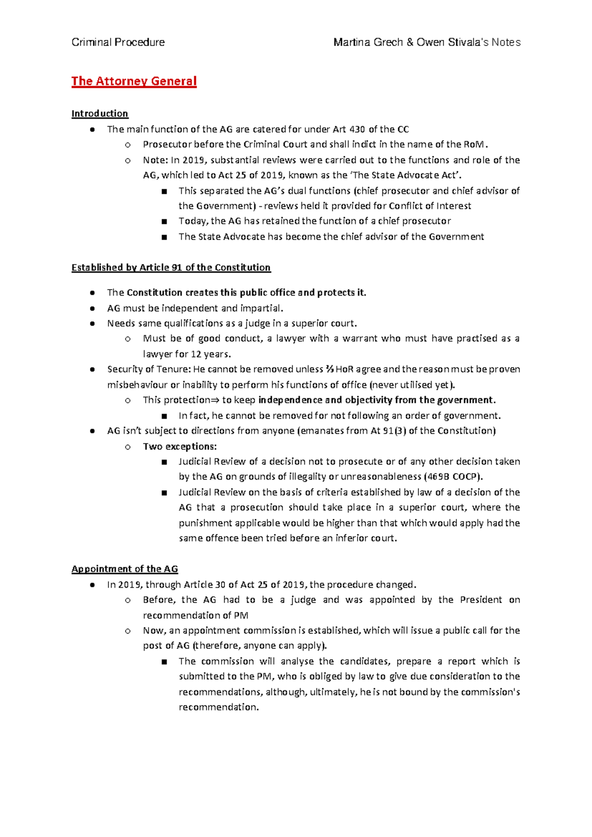 MPT 301 - Criminal Law: Attorney General Functions and Powers Notes ...