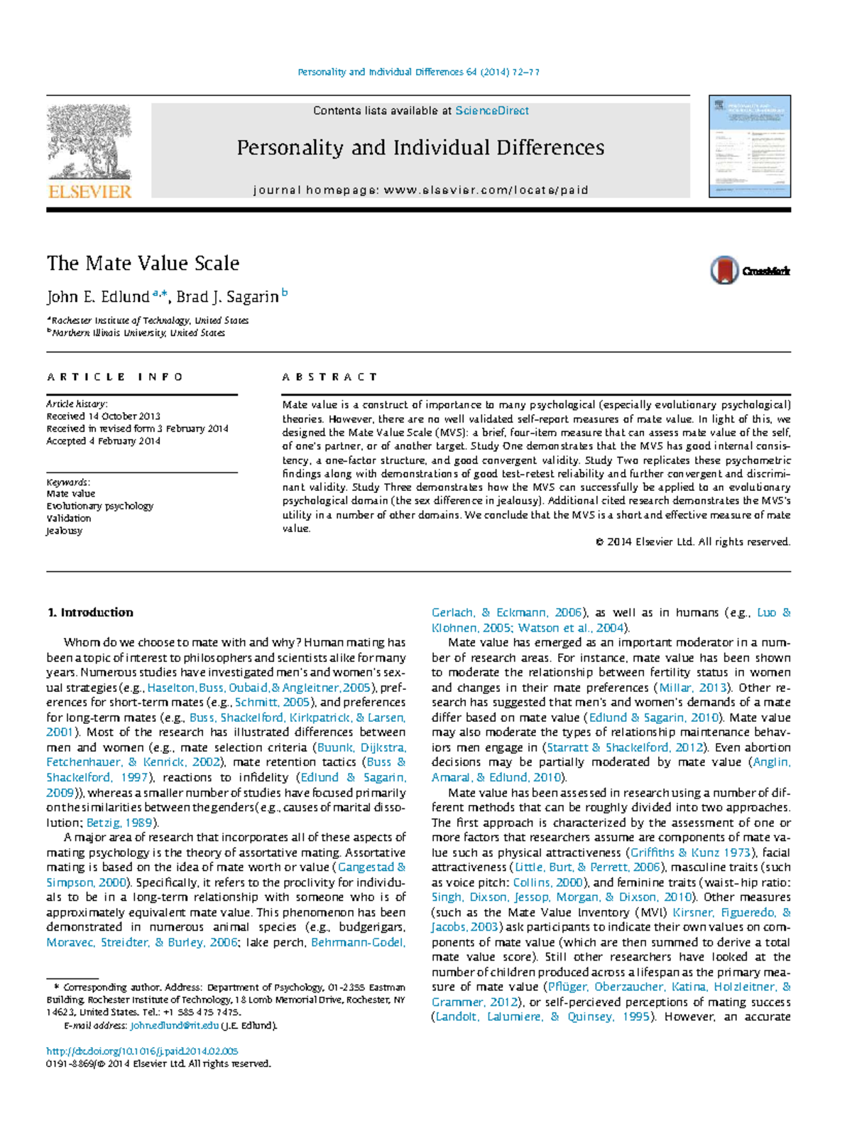 The Mate Value Scale (MVS): Validation and Applications in Psychology ...