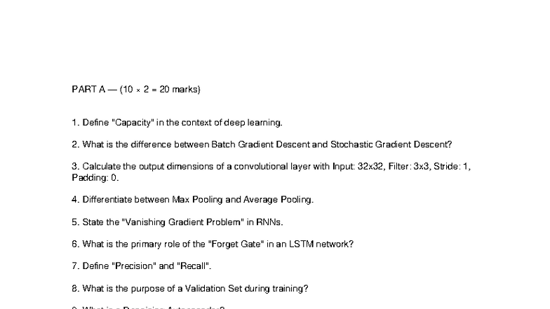 Deep learning question paper 3 - PART A — (10 × 2 = 20 marks) Define ...