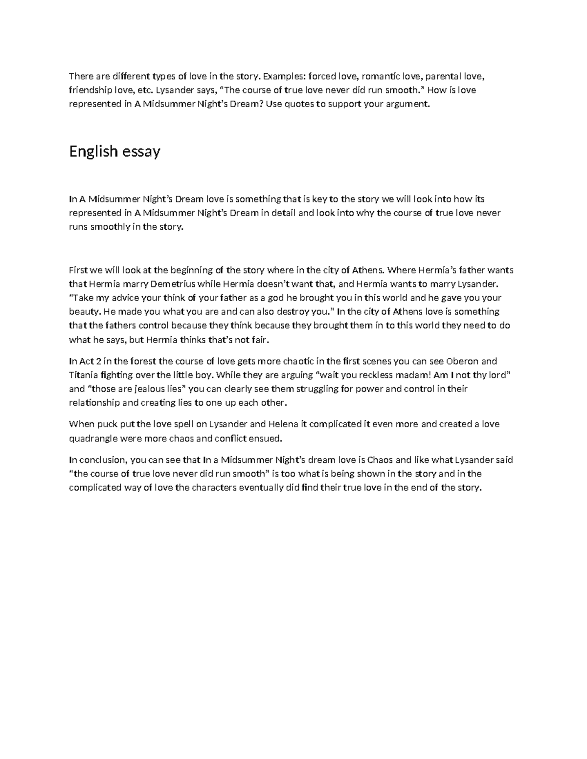 ENG 201: Essay on Love Dynamics in A Midsummer Night’s Dream - Studeersnel