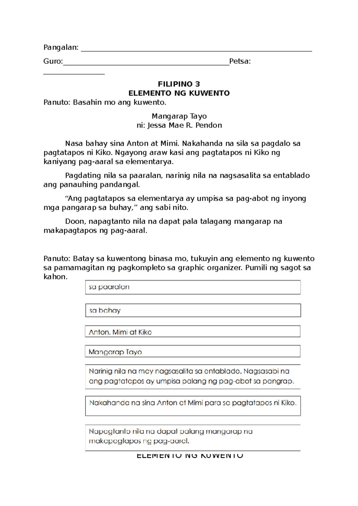 FILIPINO 3 - ELEMENTO NG KUWENTO Activity Sheets - Studocu