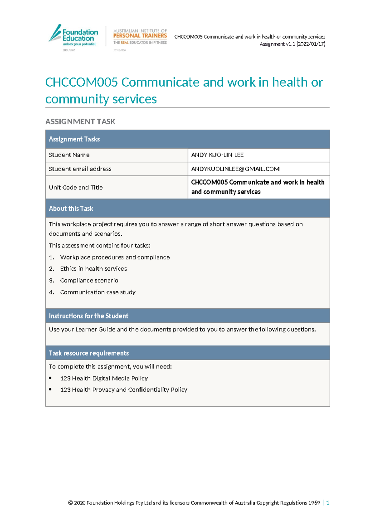 CHCCOM005 Communicate and Work in Health Services - Assignment Guide ...