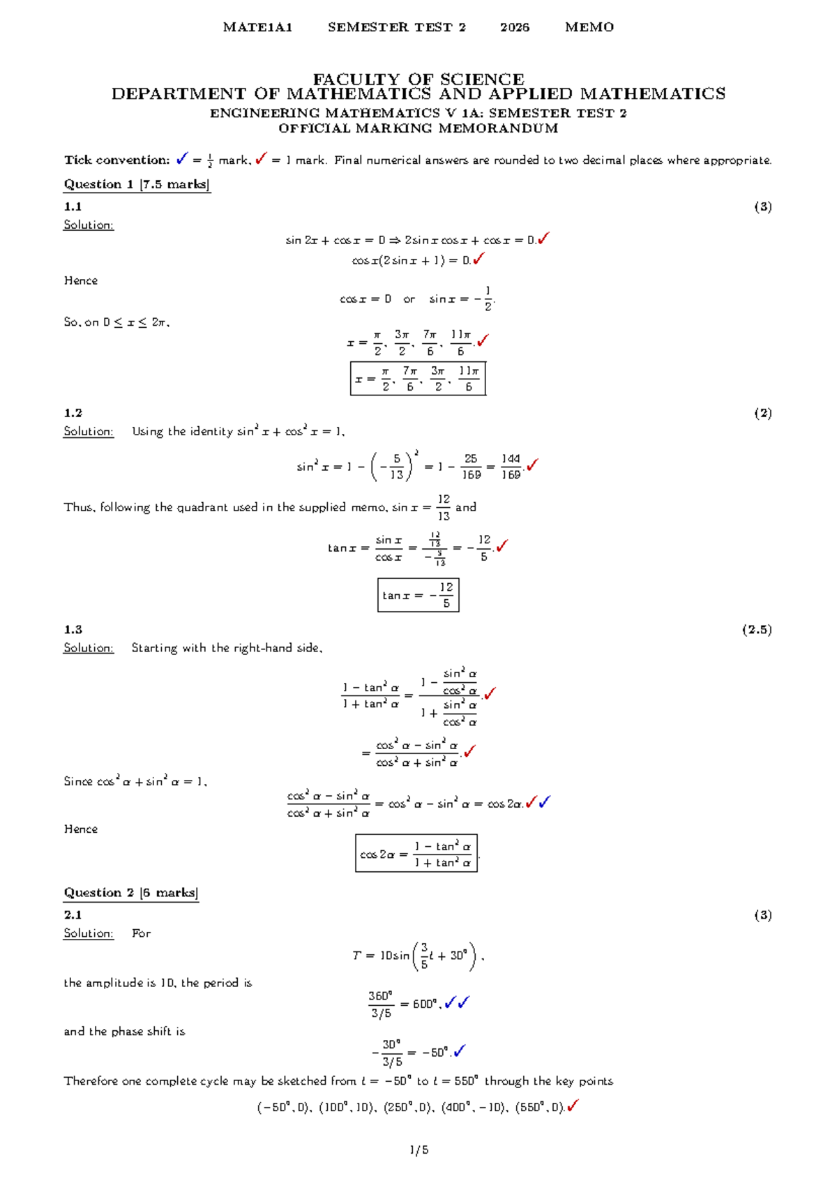 MATE1A1 SEMESTER TEST 2 2026 OFFICIAL MARKING MEMO - Studocu