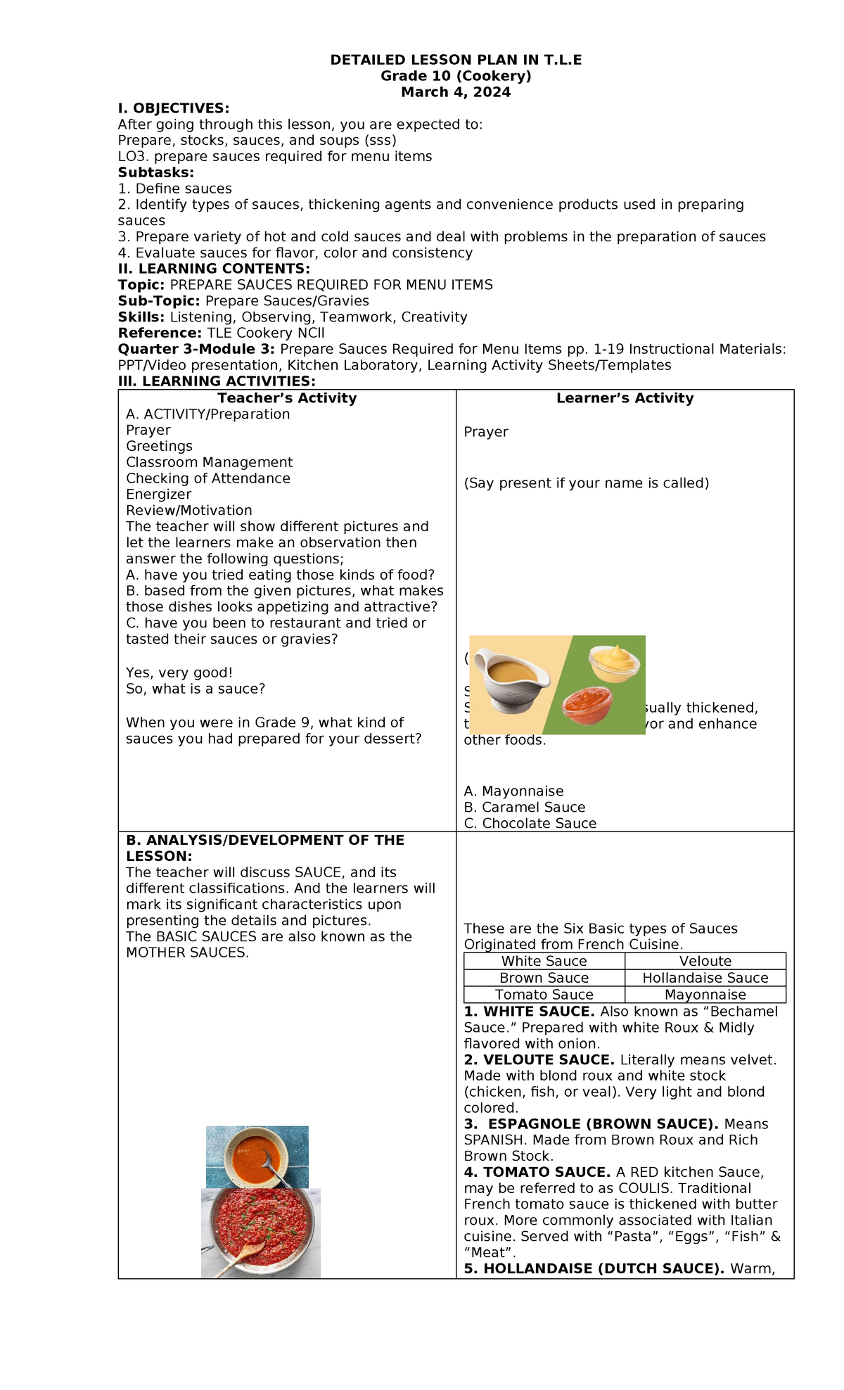 Grade 10 T.L.E Lesson Plan: Preparing Sauces for Menu Items - Studocu