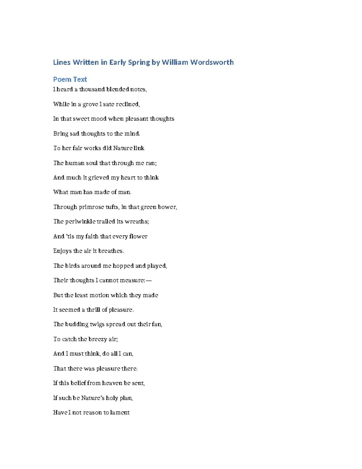 Lines Written in Early Spring: Poem Analysis & Notes - Studocu