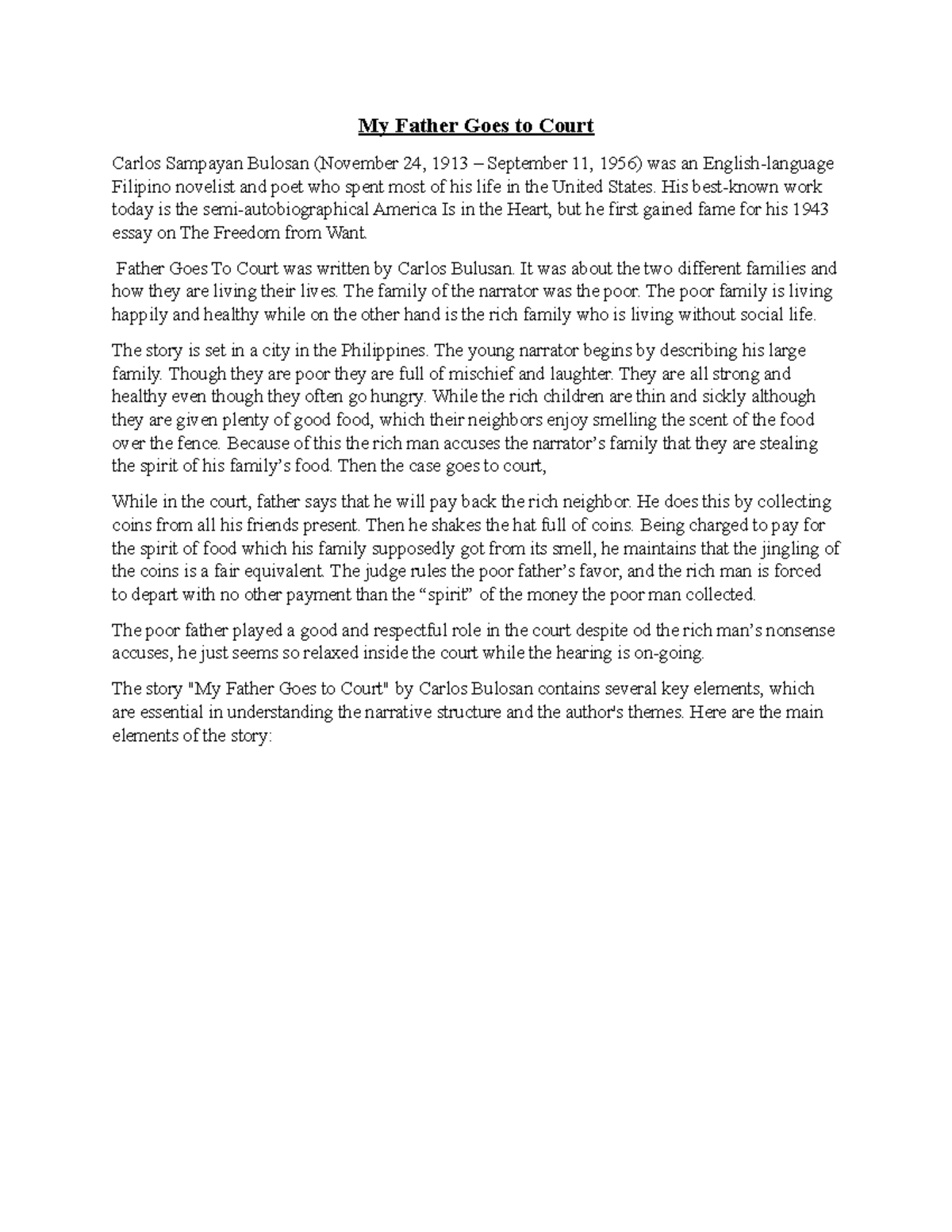 Elements of "My Father Goes to Court" by Carlos Bulosan: Analysis and ...