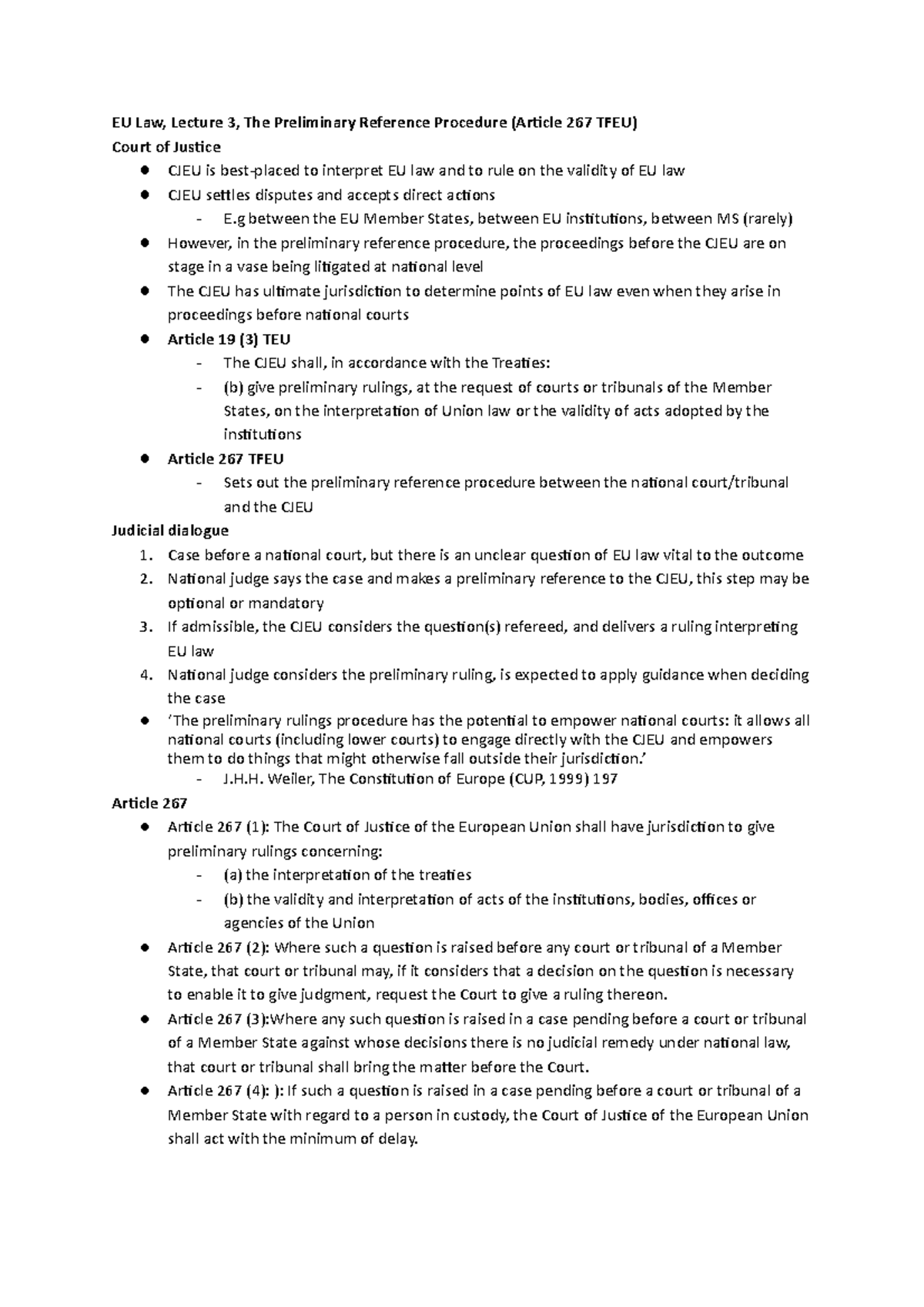 EU Law, Lecture 3, The Preliminary Reference Procedure (Article 267 TFEU) - Case before a ...