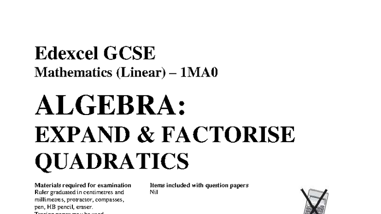 Edexcel GCSE Mathematics 1MA0: Algebra Quadratics Q&A - Studocu