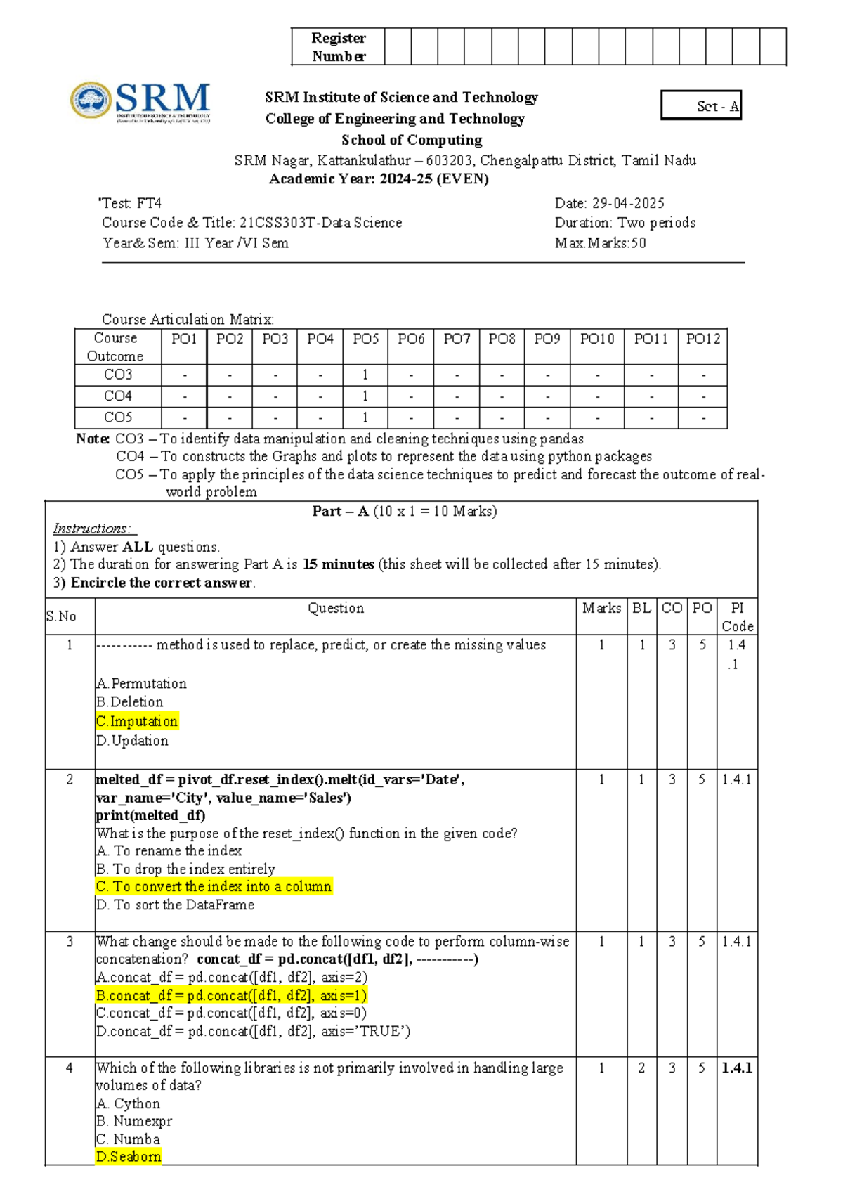 Set A CT2 Answer Key - Science Course Code: 12345 - Studocu