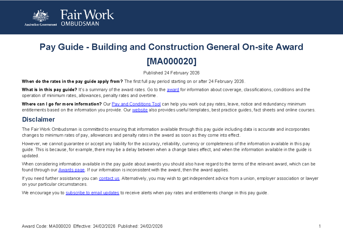 Pay Guide: Building & Construction General Award (Effective 24 Feb 2026 ...