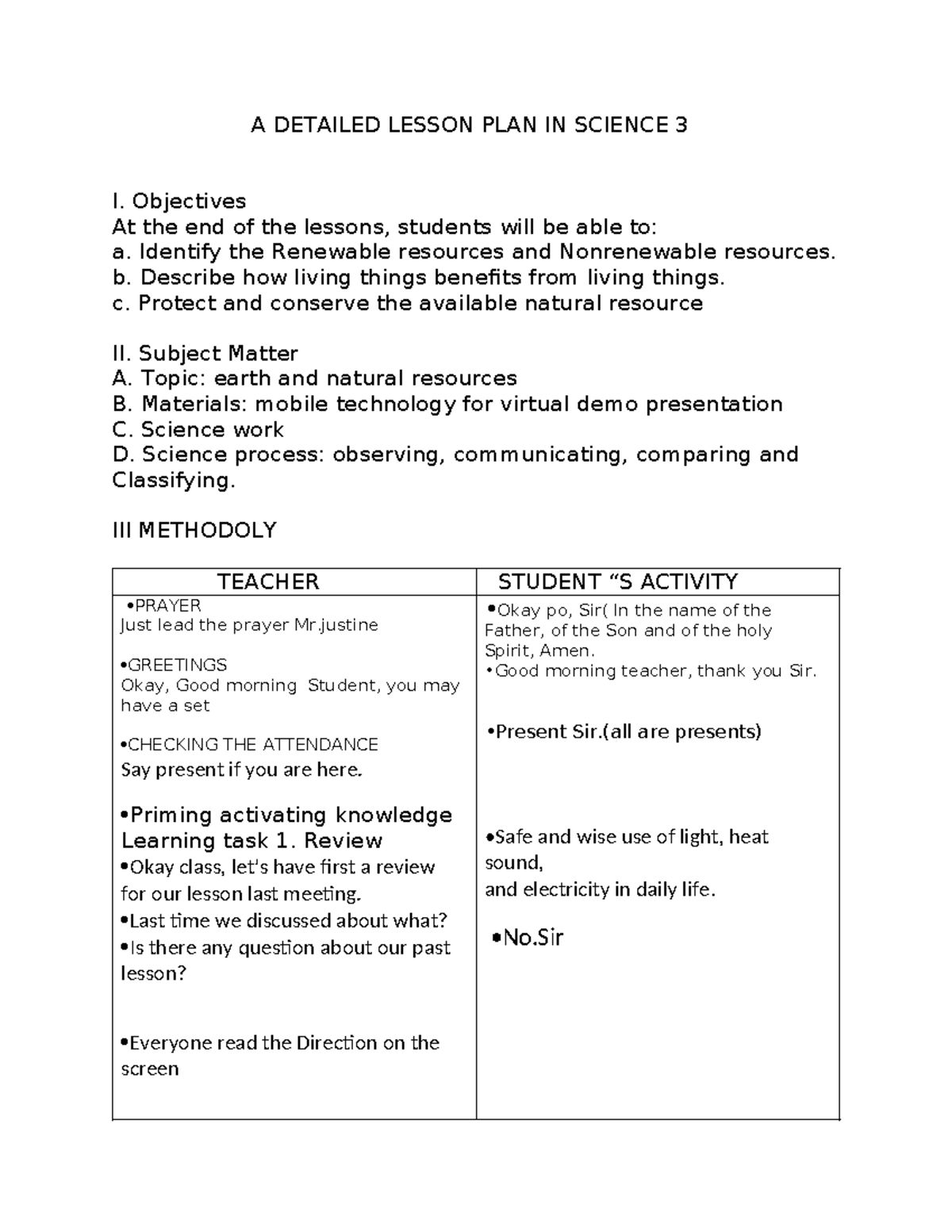 Science 3: Detailed Lesson Plan on Natural Resources - Studocu