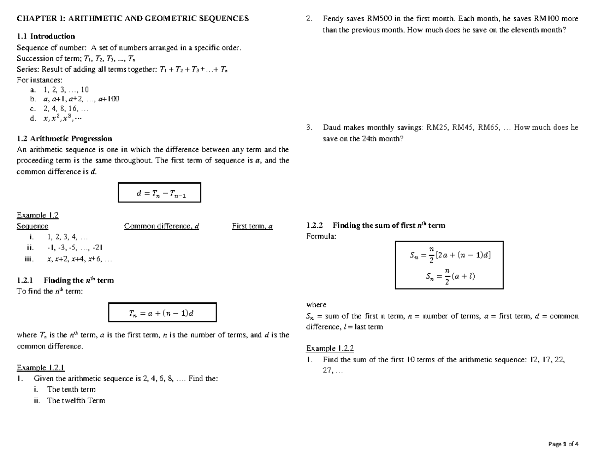 CHAPTER 1: ARITHMETIC AND GEOMETRIC SEQUENCES (2025) - Studocu