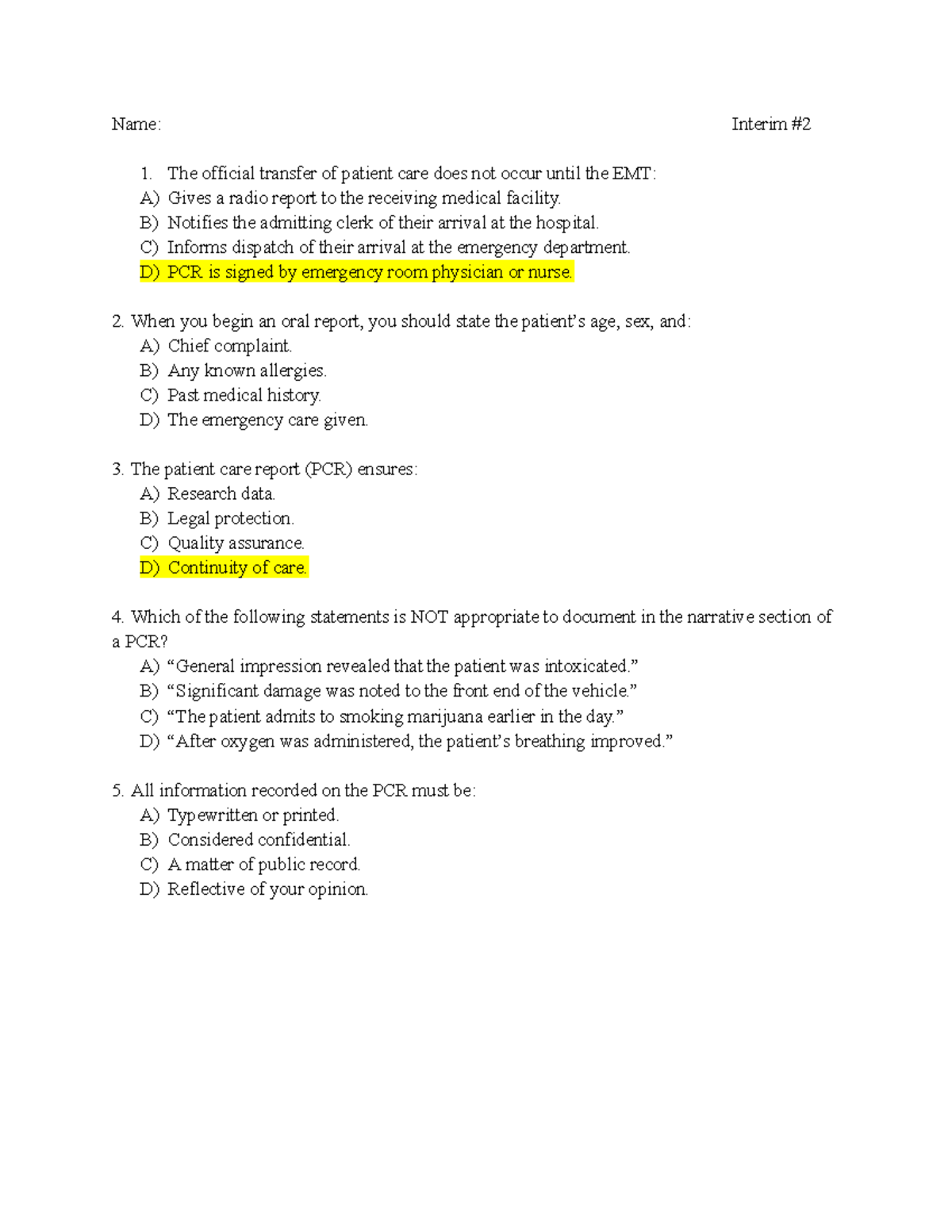 EMT 2 Interim Exam Review: Patient Care and Emergency Response - Studocu