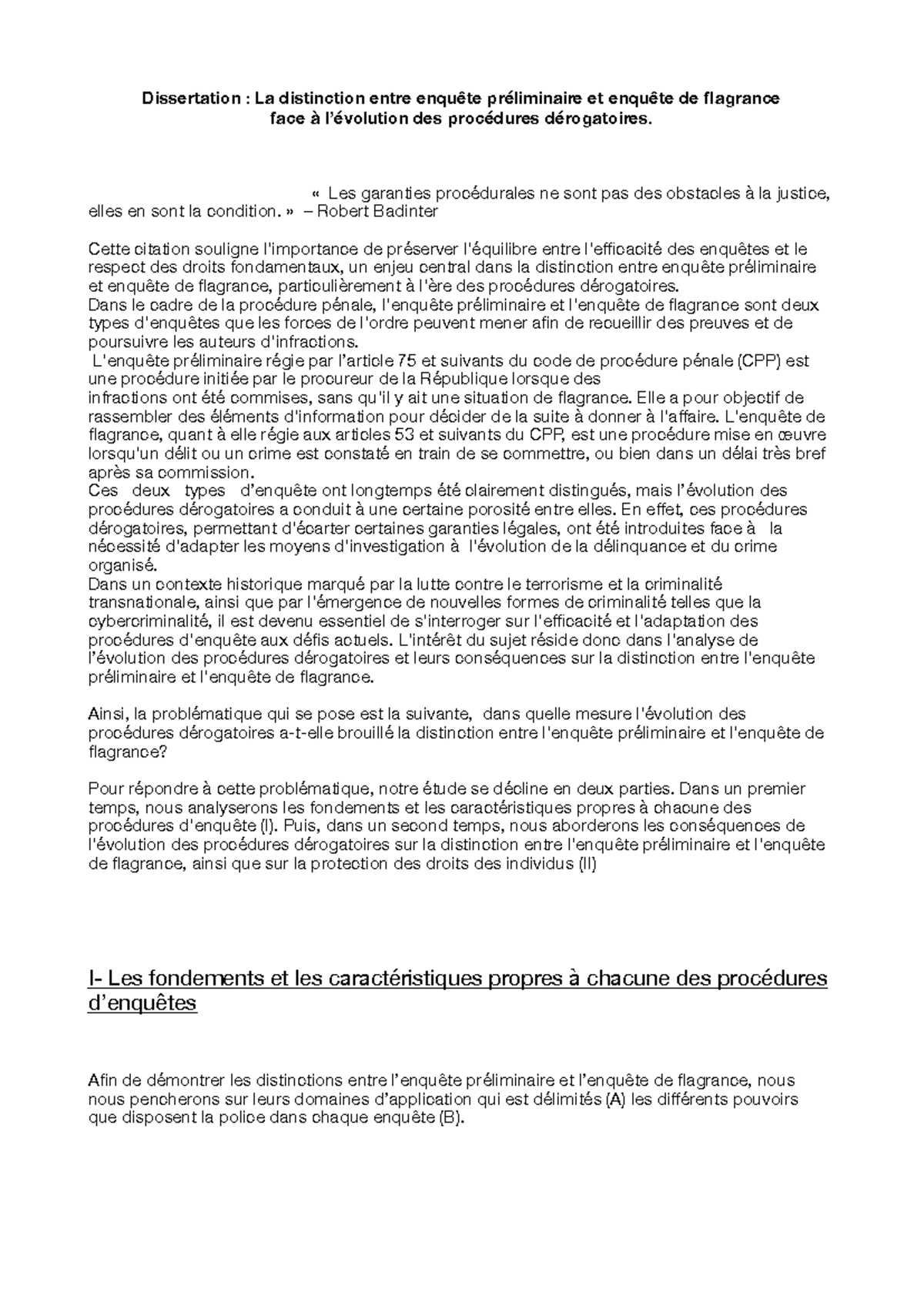 Dissertation : Enquête préliminaire vs Enquête de flagrance et leurs ...