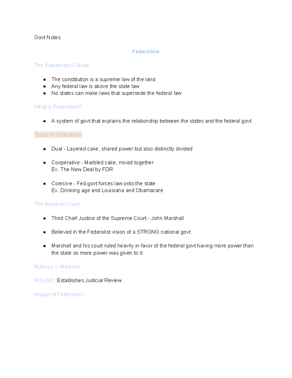 Govt Notes- Federalism - Govt Notes Federalism The Supremacy Clause The ...