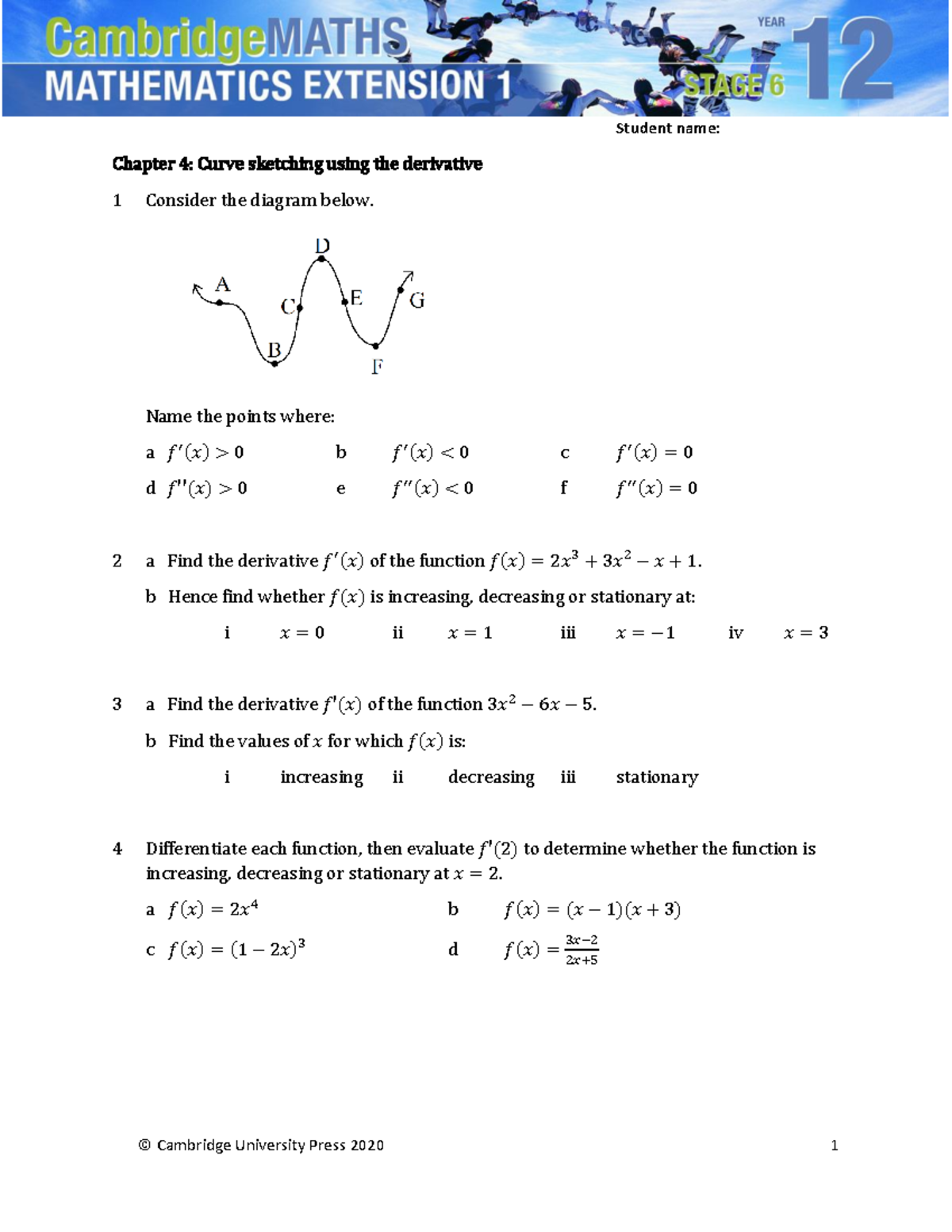 Curve sketching and Integration revision - Student name: Chapter 4 ...