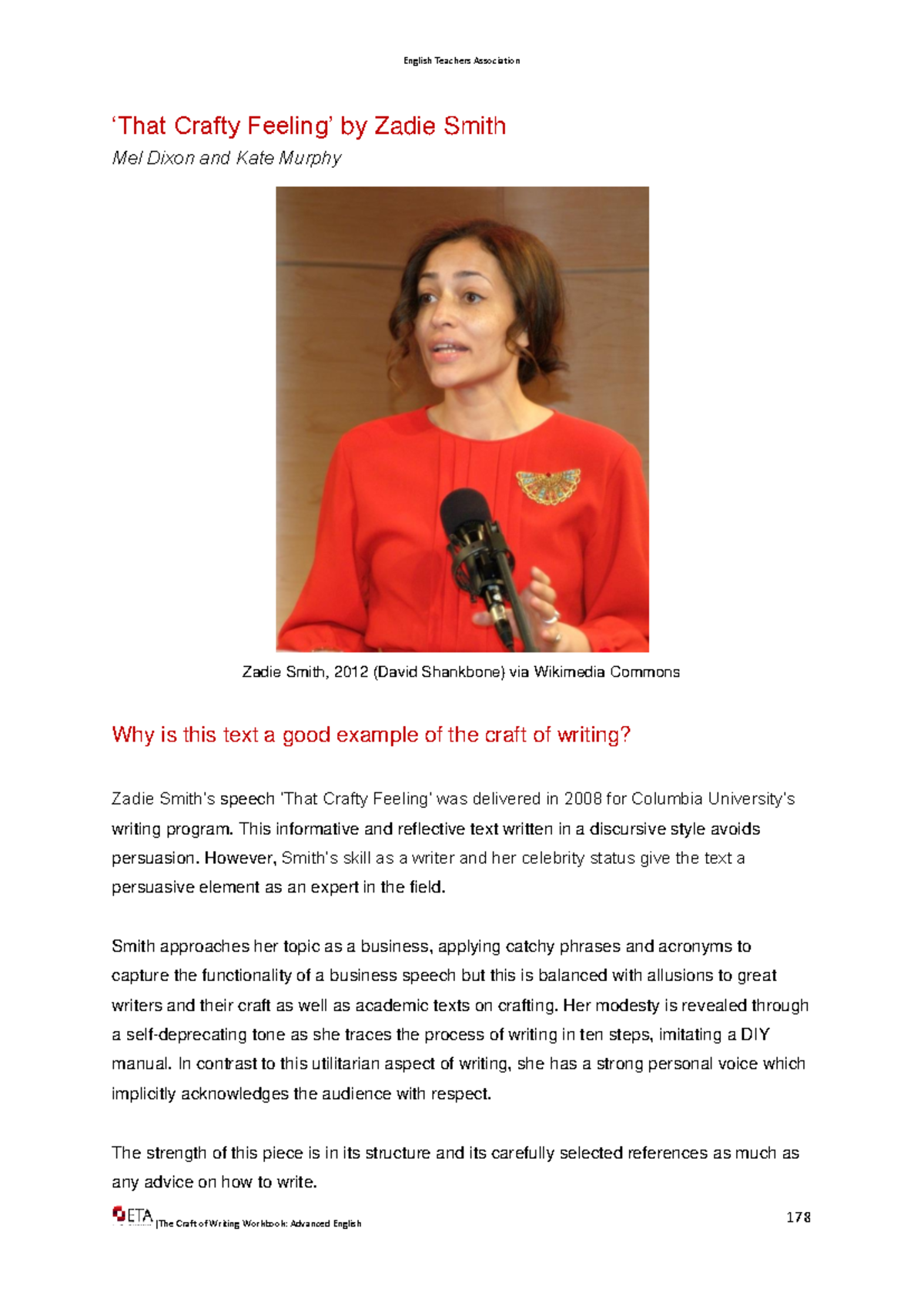 Craft of Writing Workbook: Advanced English 178 - Zadie Smith's "Crafty ...