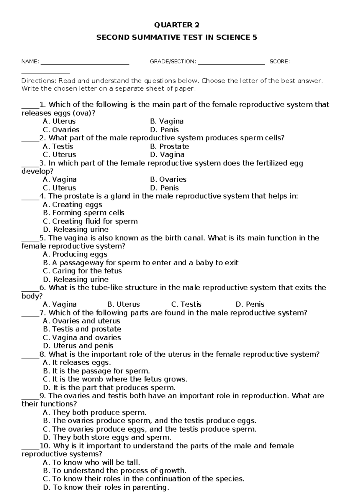 2ND SUMMATIVE TEST IN SCIENCE 5 - QUARTER 2 - Studocu