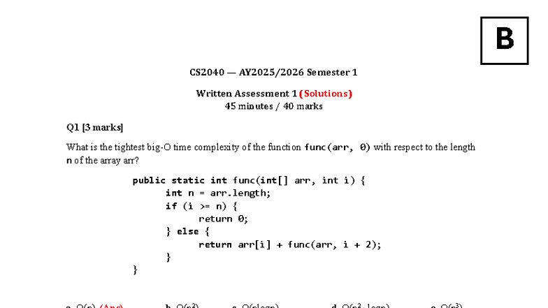 CS2040 Semester 1 Written Assessment 1 Solutions - Studocu