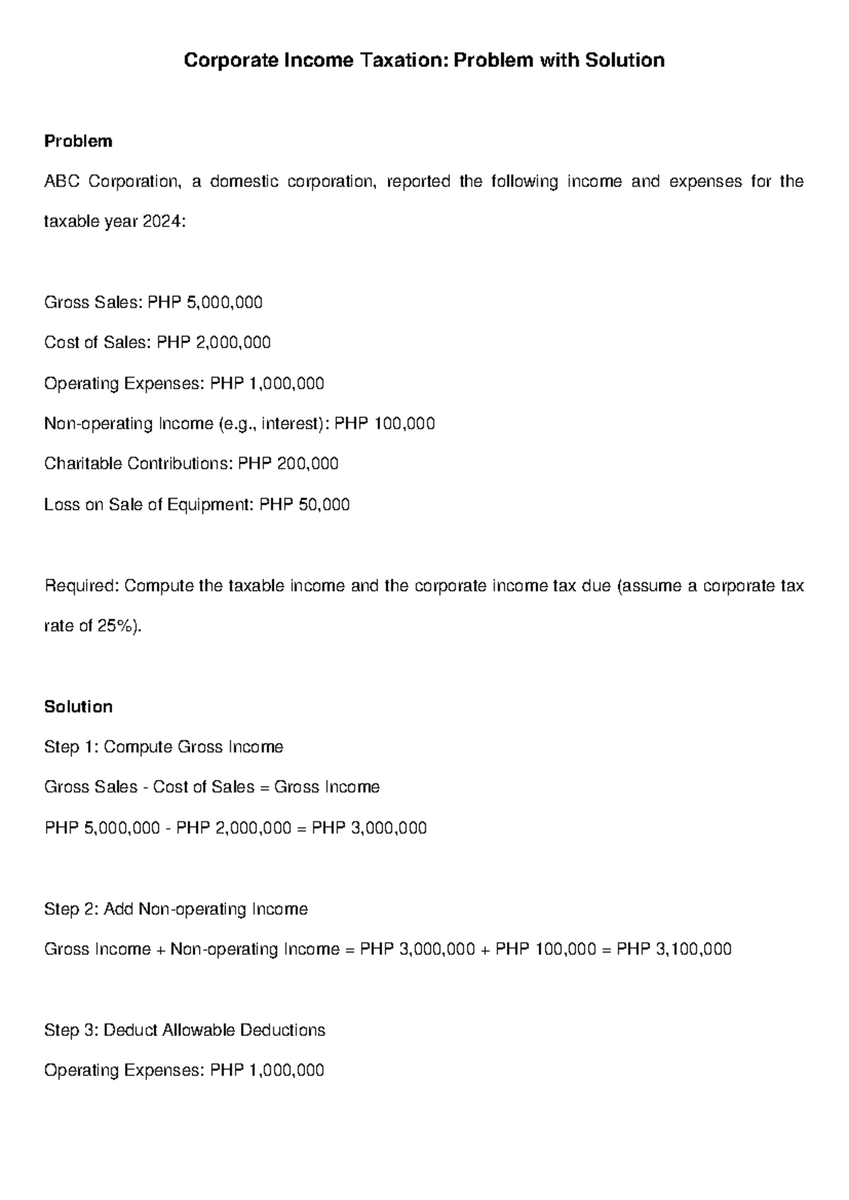 Corporate Income Taxation Problem & Solution (2024) - Studocu