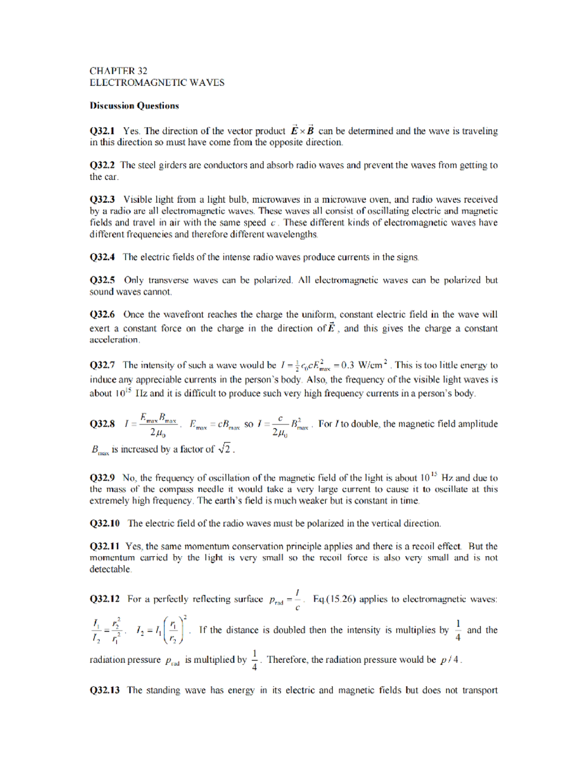 CH32: Electromagnetic Waves Discussion Questions & Solutions - Studocu