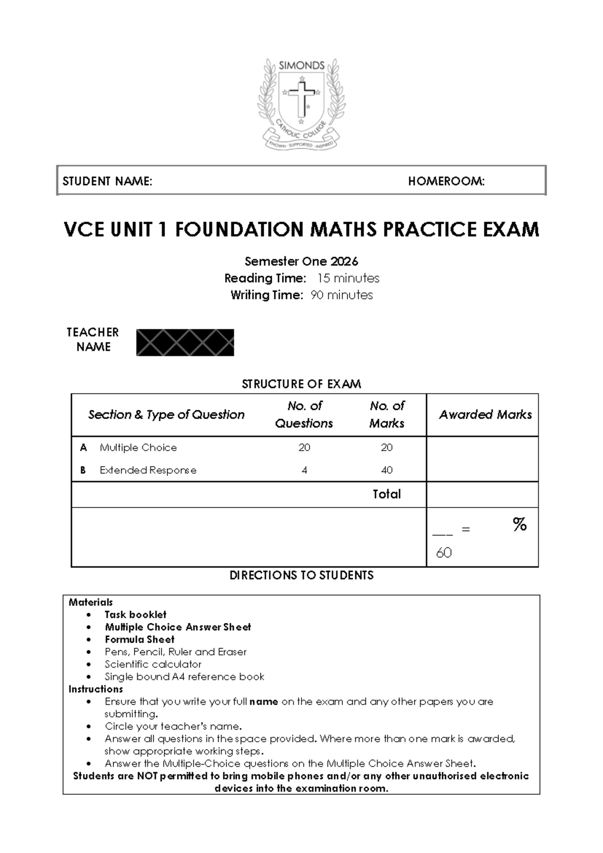VCE Unit 1 Foundation Maths Practice Exam - Semester 1 2026 - Studocu