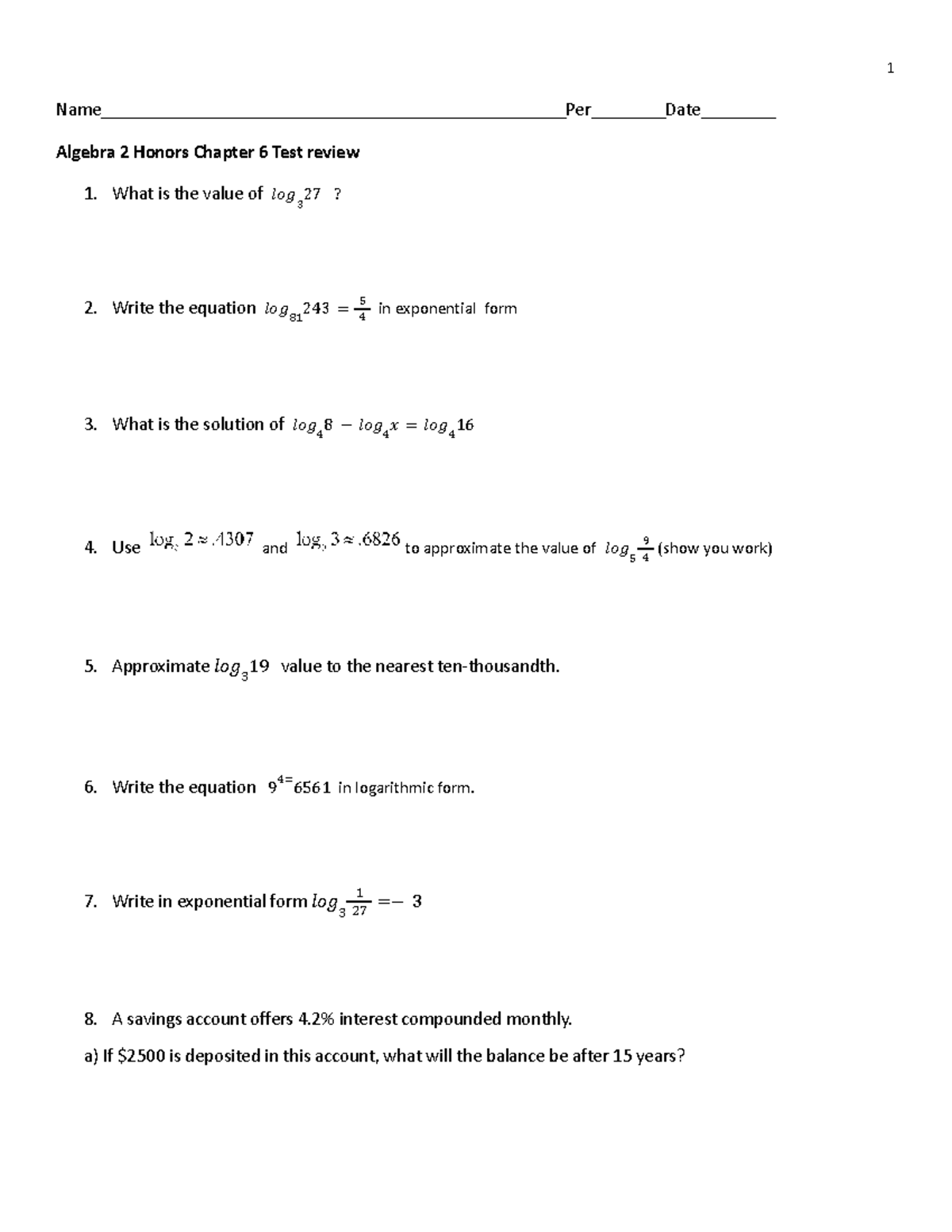 Algebra 2 Honors: Chapter 6 Test Review and Solutions - Studocu