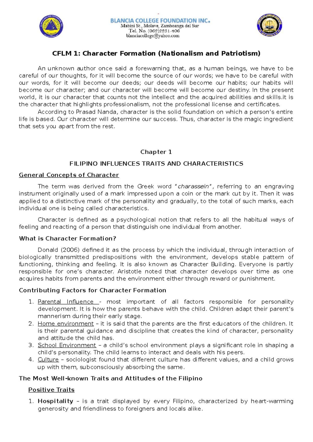 CFLM 1: Character Formation Handouts for 2nd Year Students - Studocu