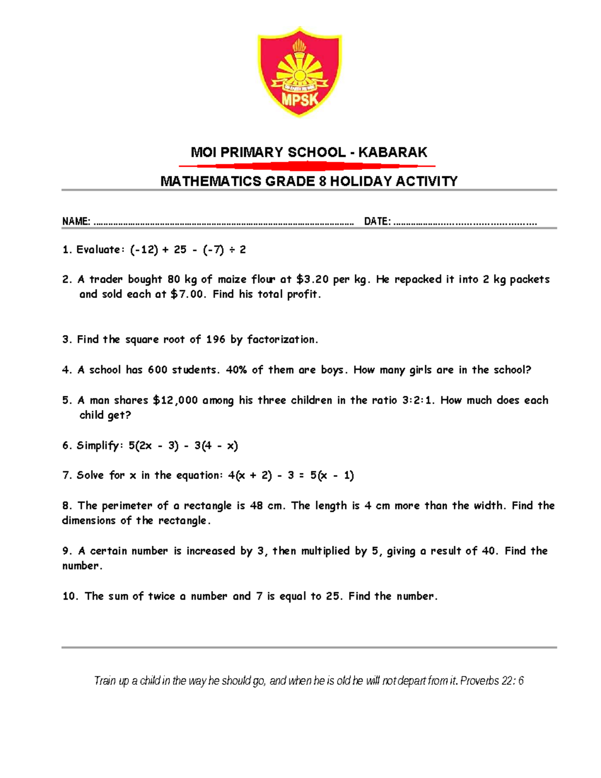 Grade 8 Mathematics Holiday Activity 2025 - MOI Primary School Kabarak ...