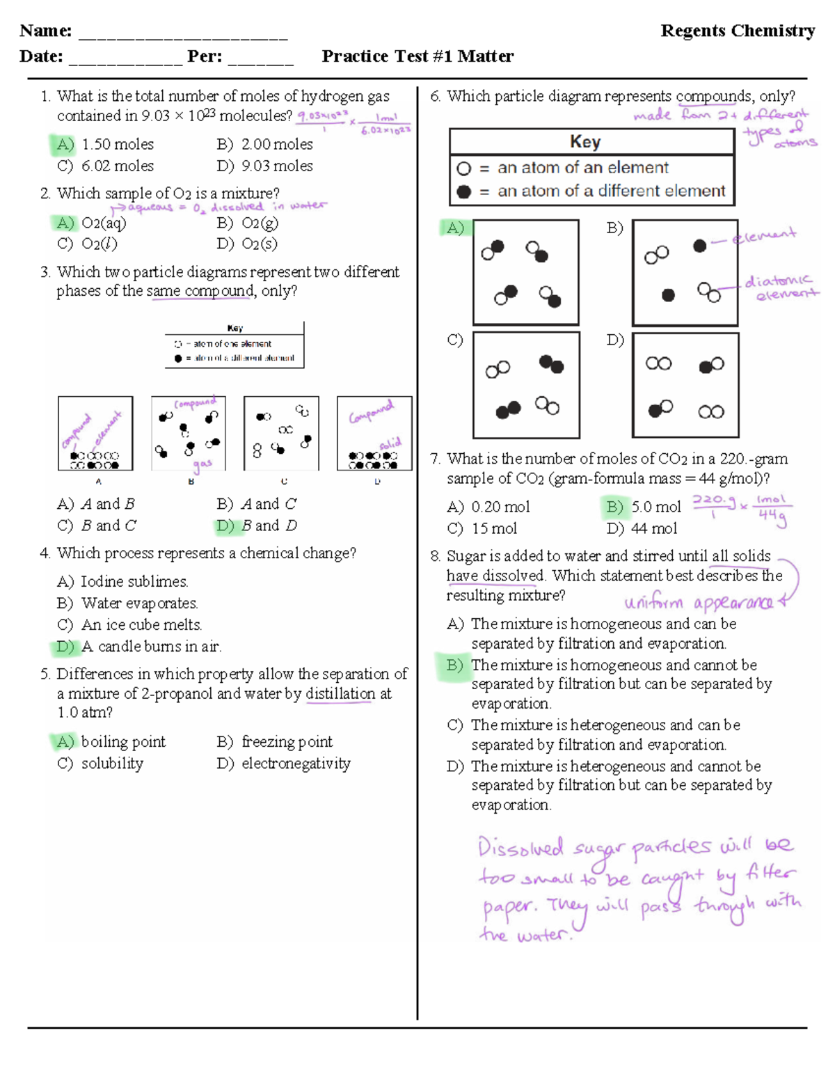 Regents Chemistry Practice Test #1: Matter and Mixtures - Studocu