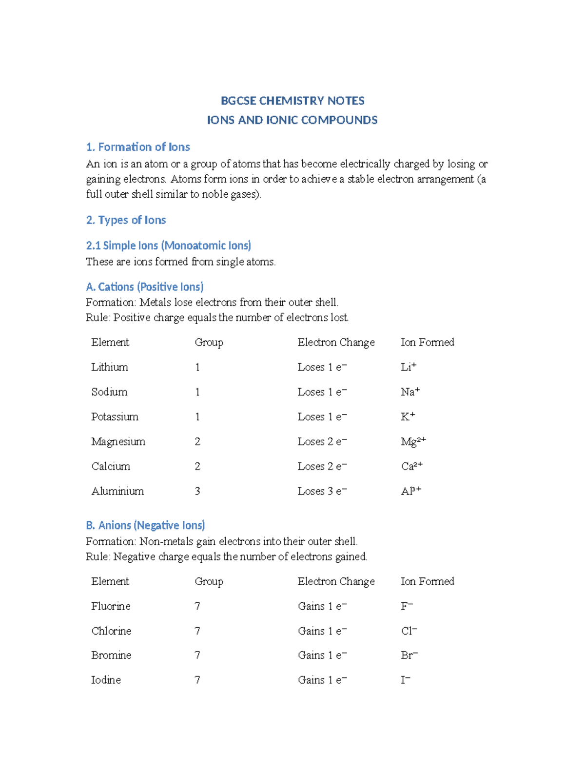 BGCSE Chemistry Notes: Ions & Ionic Compounds Overview - Studocu