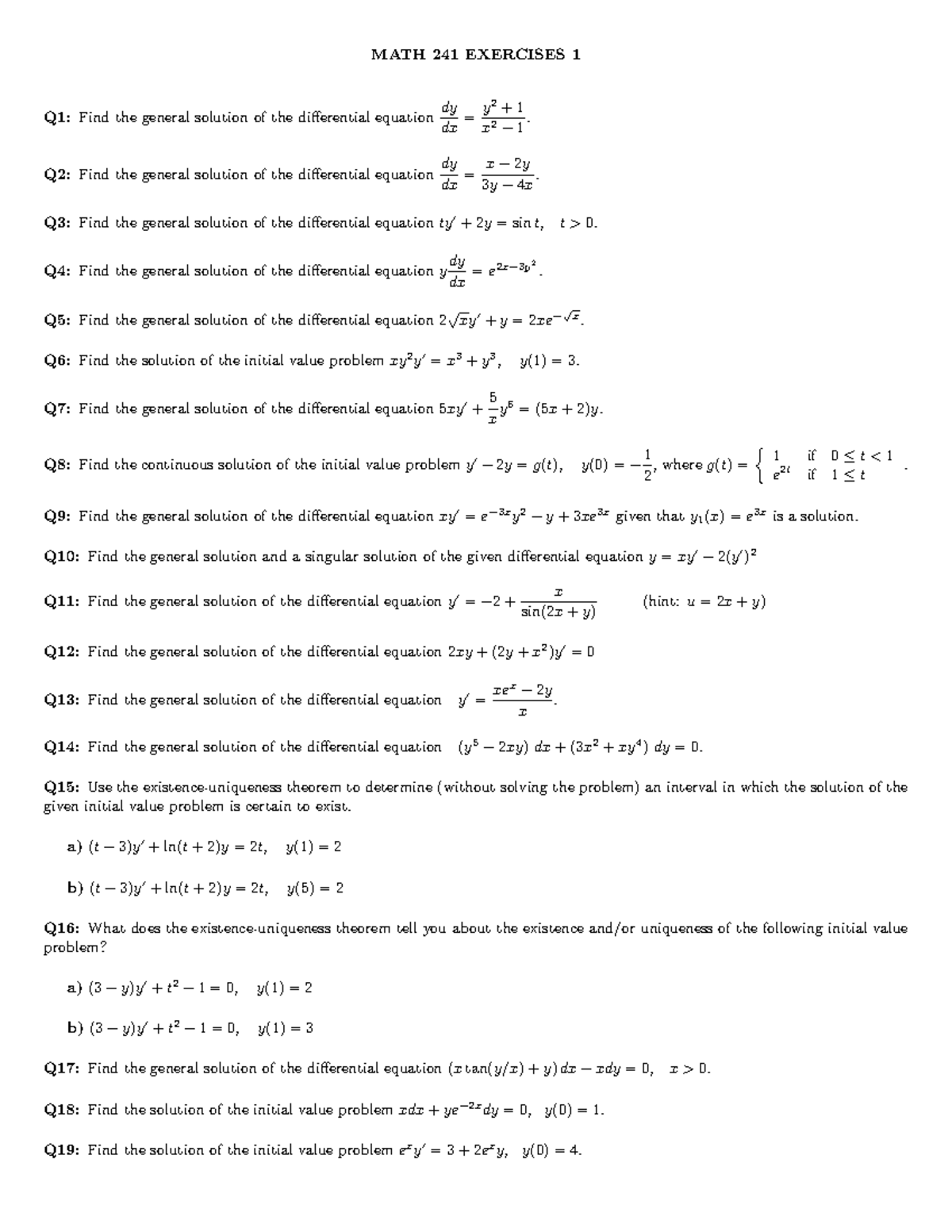 MATH 241 Differential Equations Exercises and Solutions - Studocu