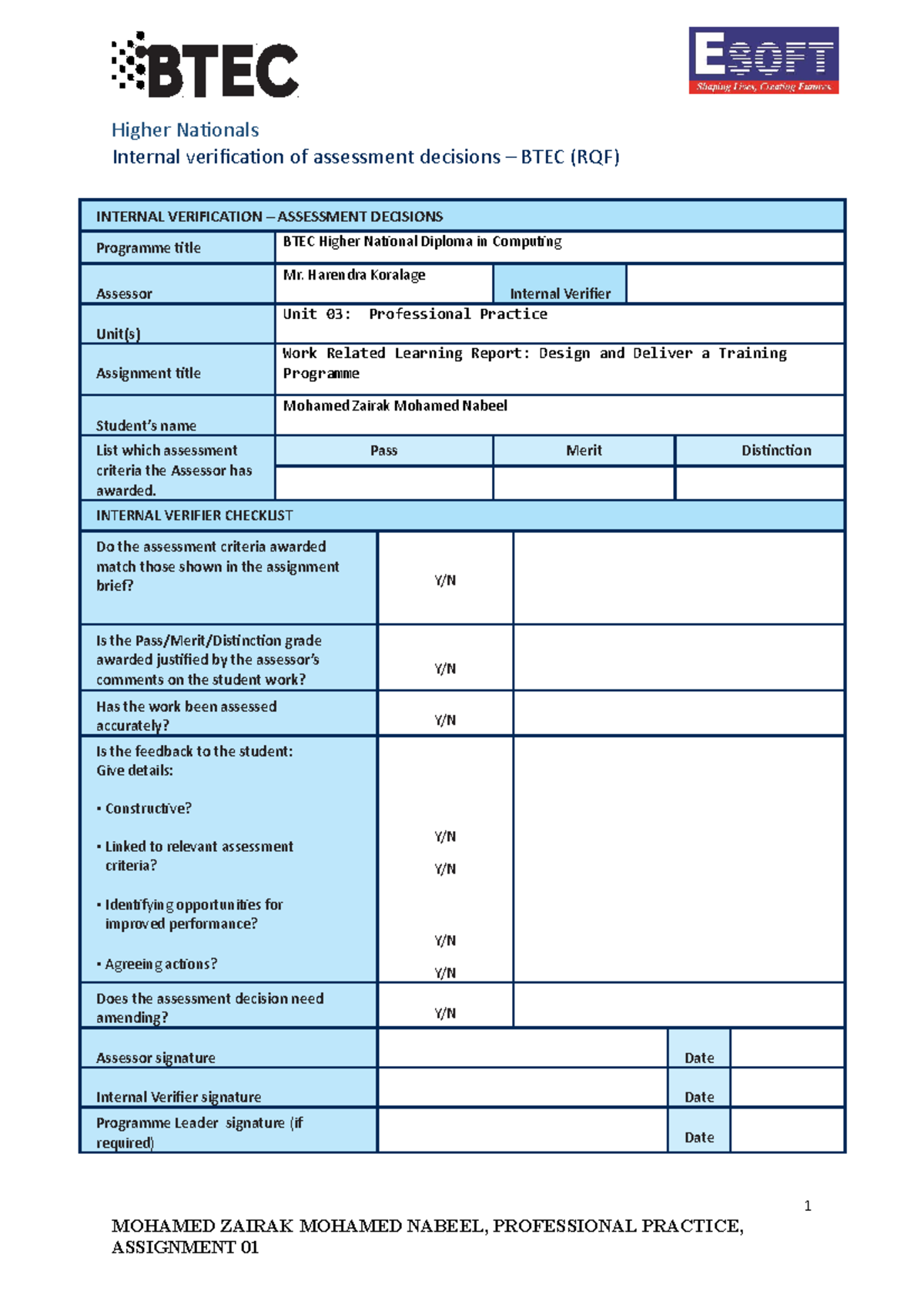 Professional practice Unit 01 - Higher Nationals Internal verification ...