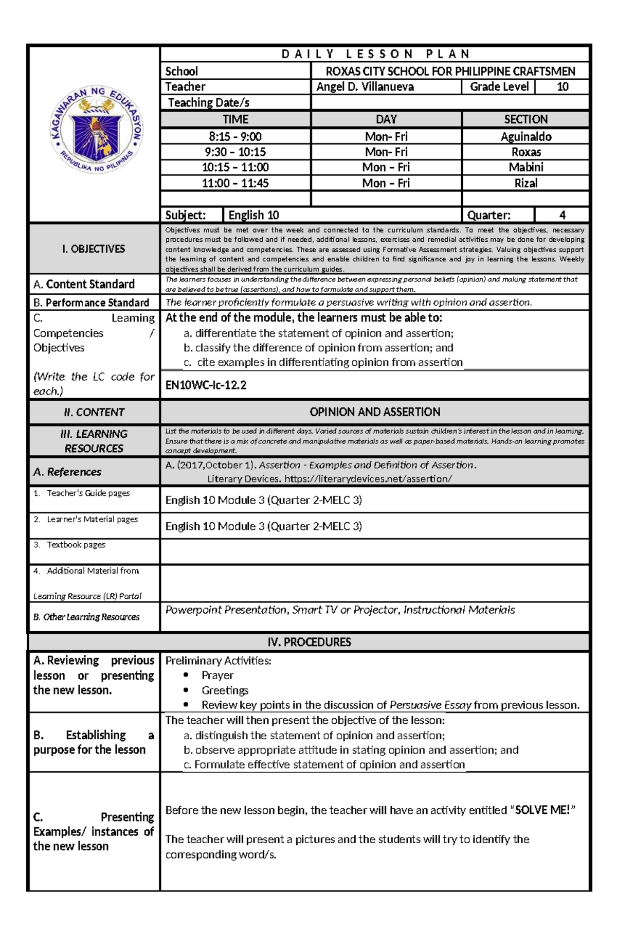 Grade 10 English 10 Daily Lesson Plan: Opinion vs. Assertion - Studocu