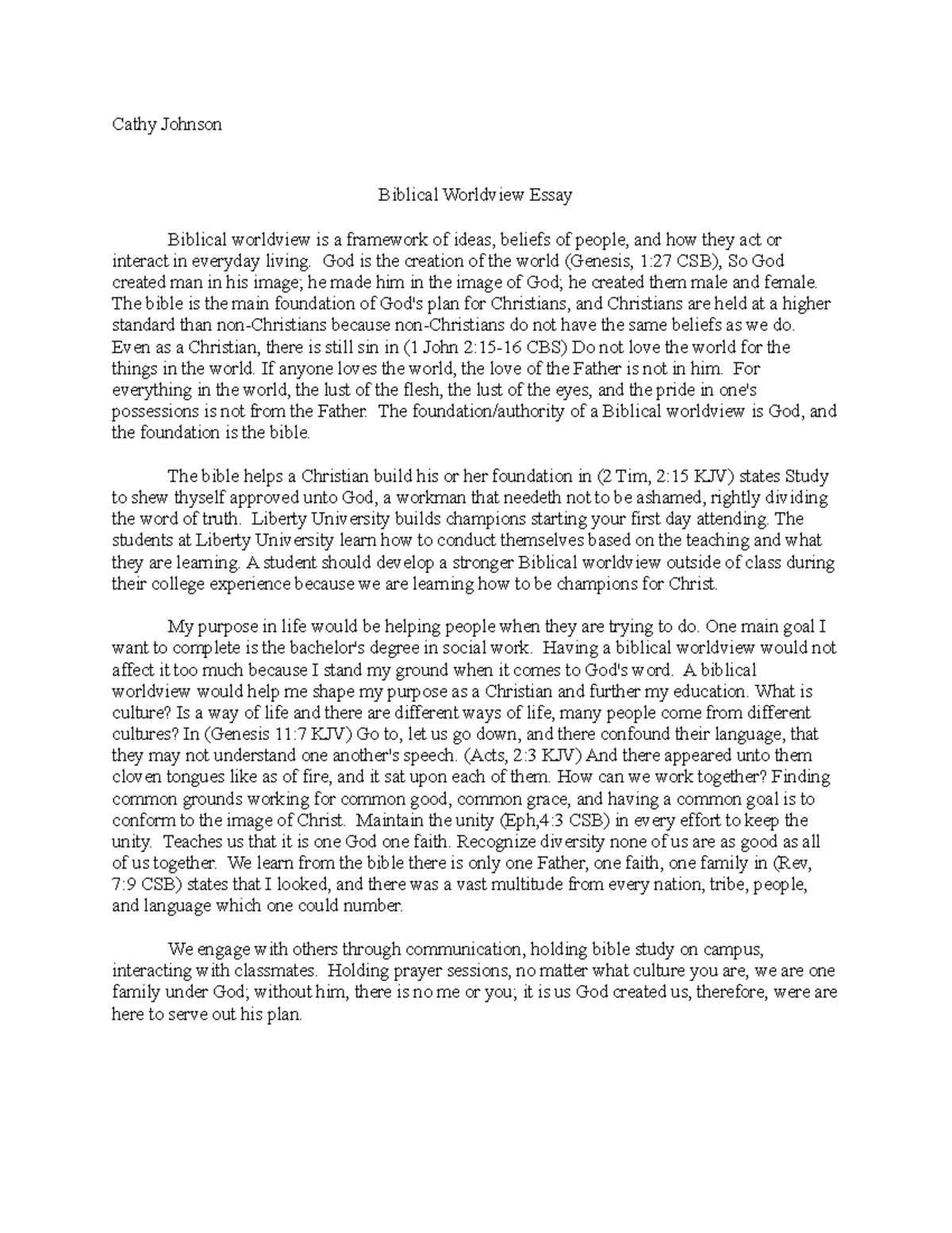 Biblical Worldview Essay - Cathy Johnson Biblical Worldview Essay ...
