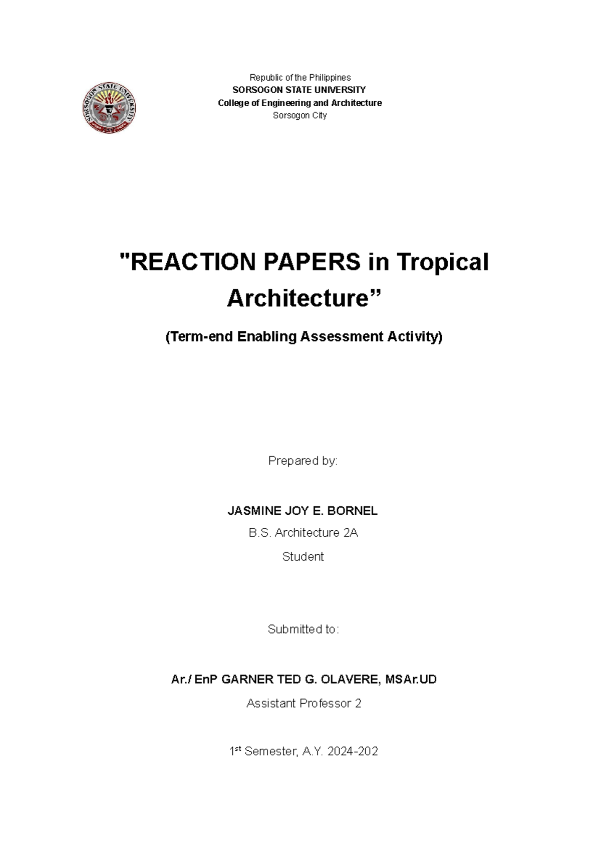 " Reaction Papers in Tropical Architecture” - Bornel Bsarsh 2A ...