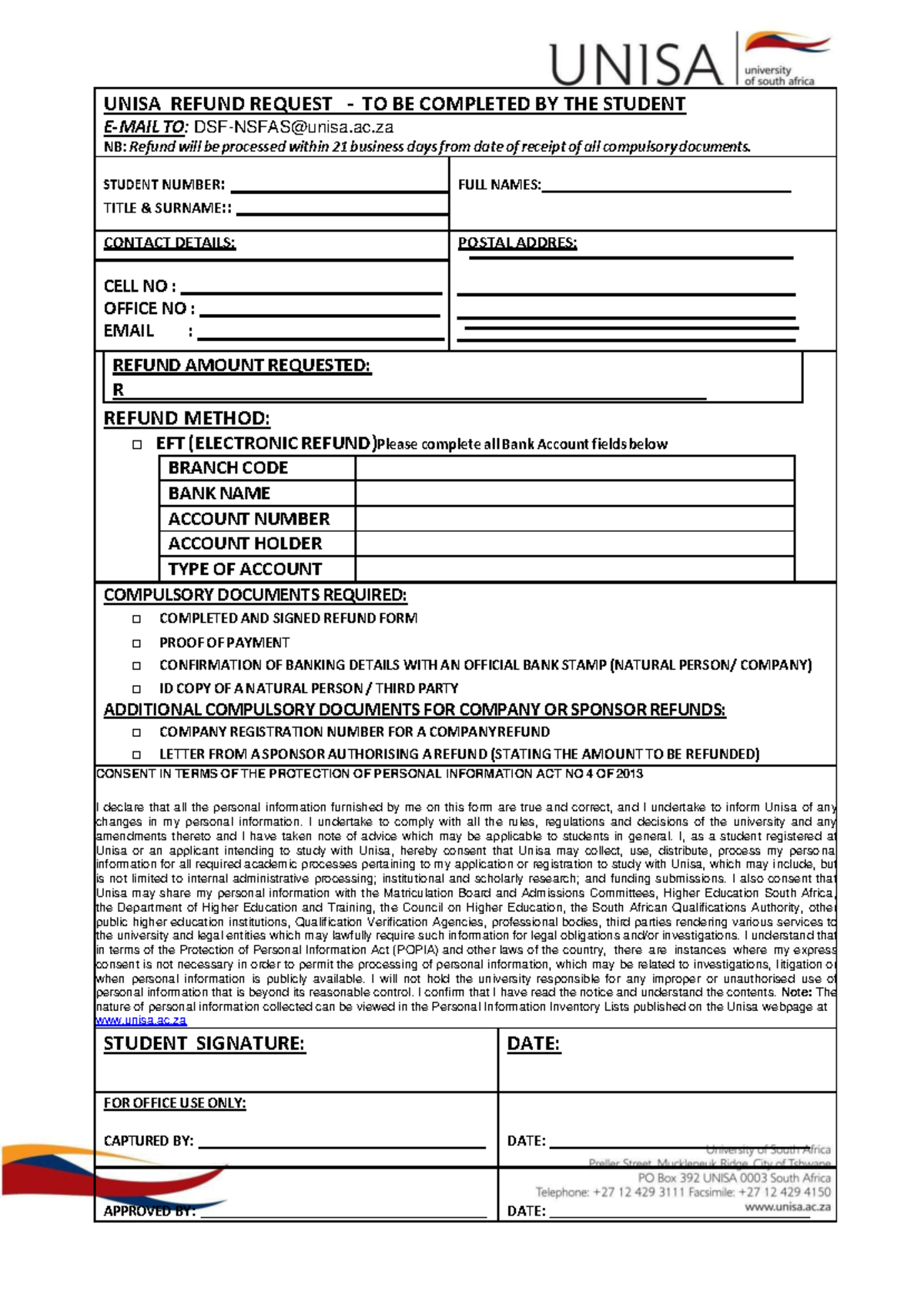 UNISA REFUND REQUEST FORM: GUIDELINES AND COMPULSORY DETAILS - Studocu