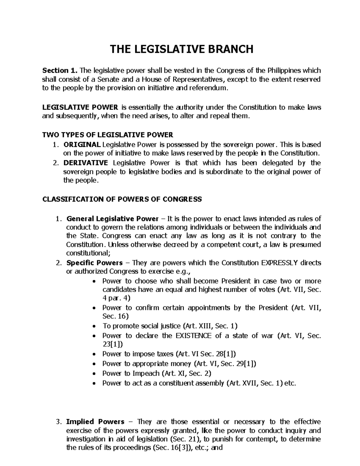 Legislative Branch Overview: Key Notes & Insights (PO 101) - Studocu
